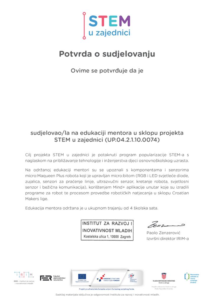 STEM u zajednici – potvrda o sudjelovanju na edukaciji_sredina | Izradi!